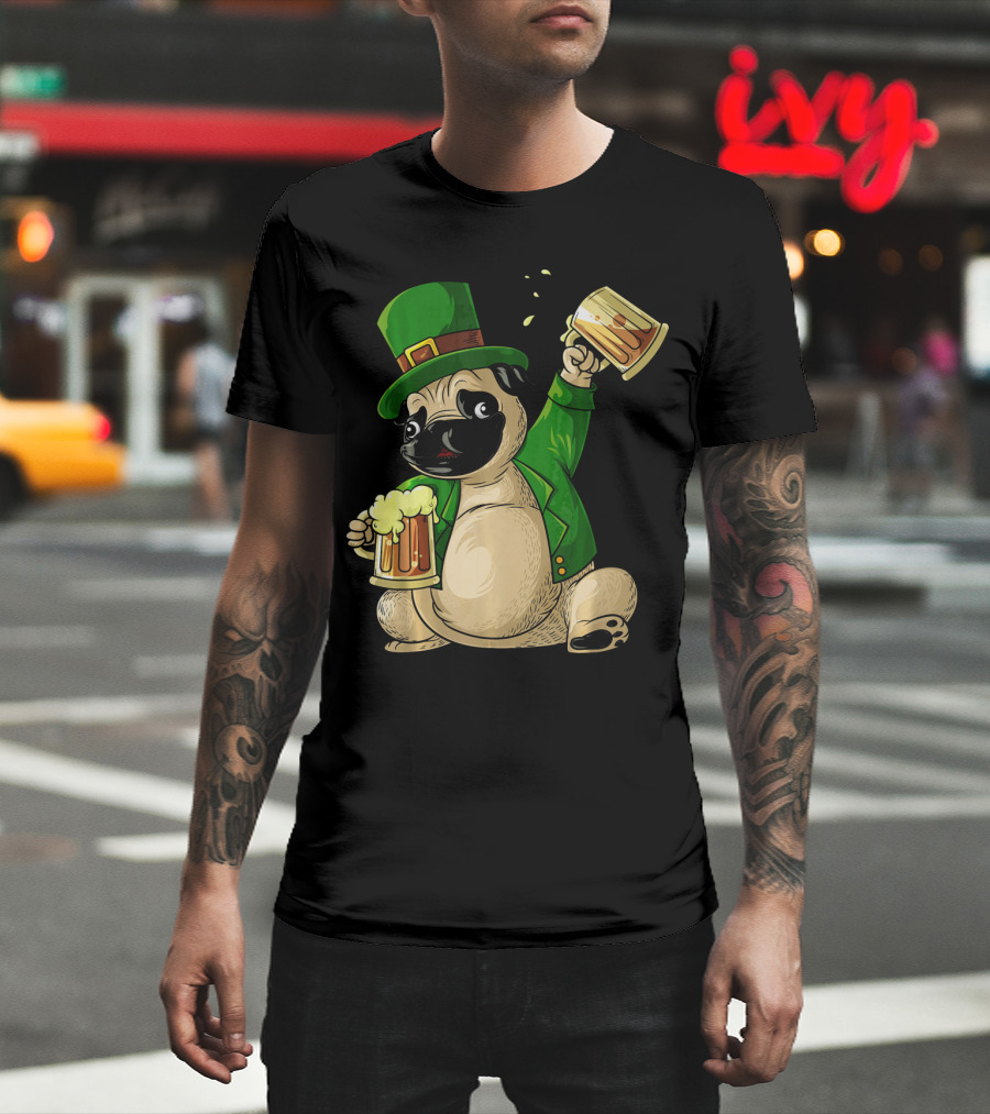 Irish Leprechaun Pug With Beer Mugs T-Shirt