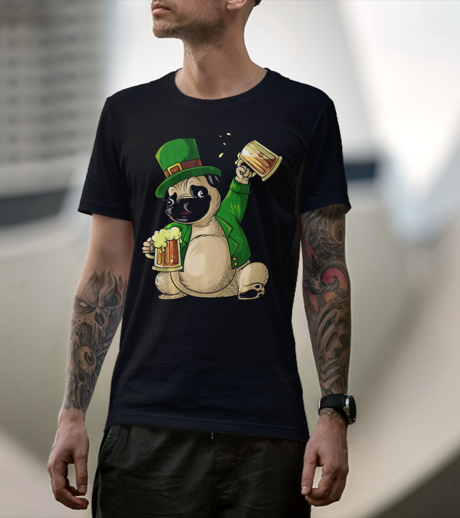 Irish Leprechaun Pug With Beer Mugs T-Shirt