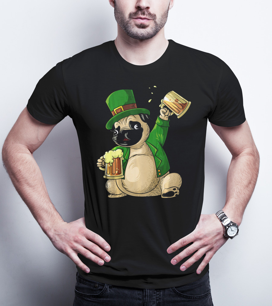 Irish Leprechaun Pug With Beer Mugs T-Shirt
