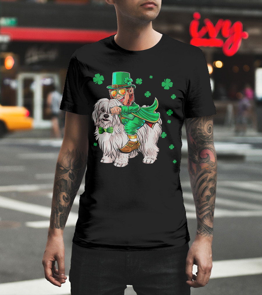 Leprechaun Riding Coton De Tulear With Shamrocks T-Shirt