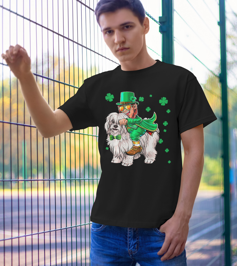 Leprechaun Riding Coton De Tulear With Shamrocks T-Shirt