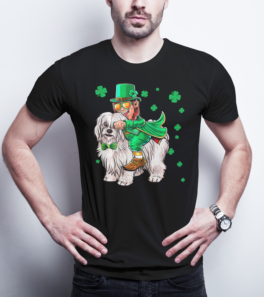 Leprechaun Riding Coton De Tulear With Shamrocks T-Shirt