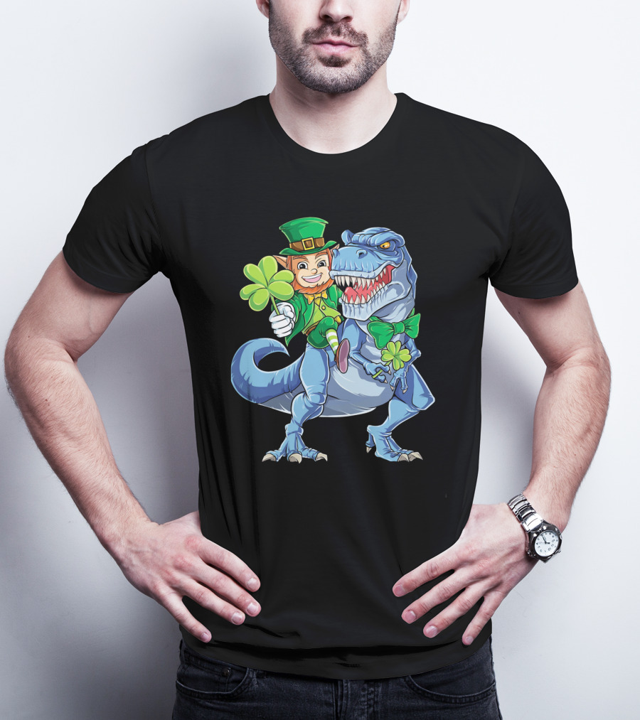 St Patricks Day Leprechaun Riding Dinosaur With Shamrock T-Shirt