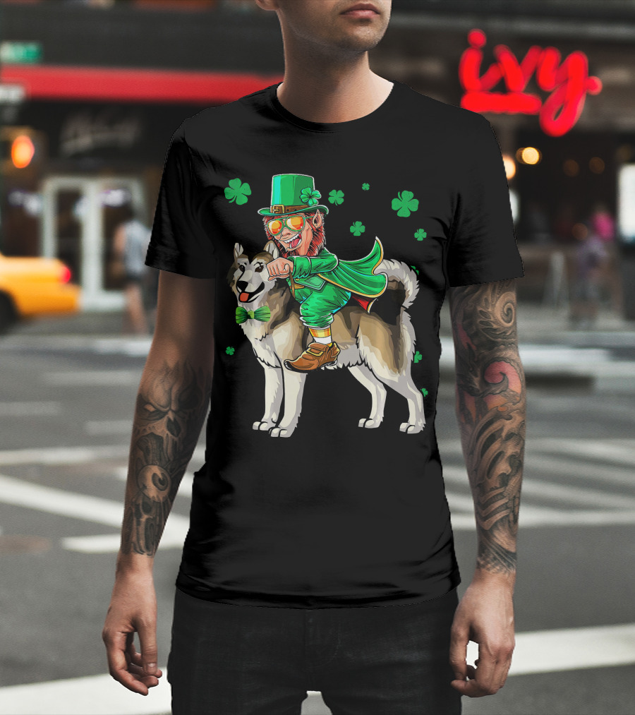 Leprechaun Riding Alaskan Malamute With Shamrocks T-Shirt