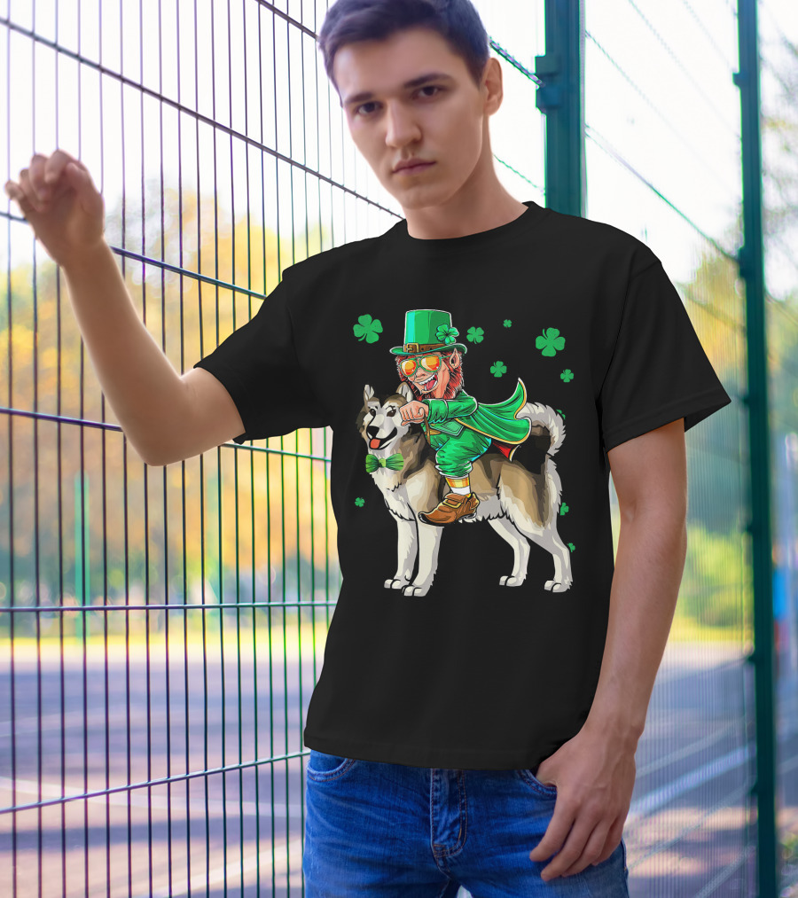 Leprechaun Riding Alaskan Malamute With Shamrocks T-Shirt