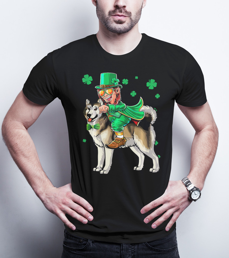 Leprechaun Riding Alaskan Malamute With Shamrocks T-Shirt
