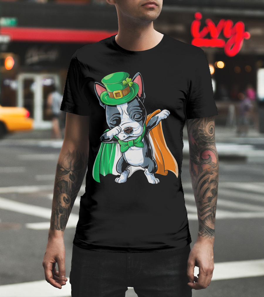 Dabbing Boston Terrier St. Patrick's Day Irish Flag Cape T-Shirt
