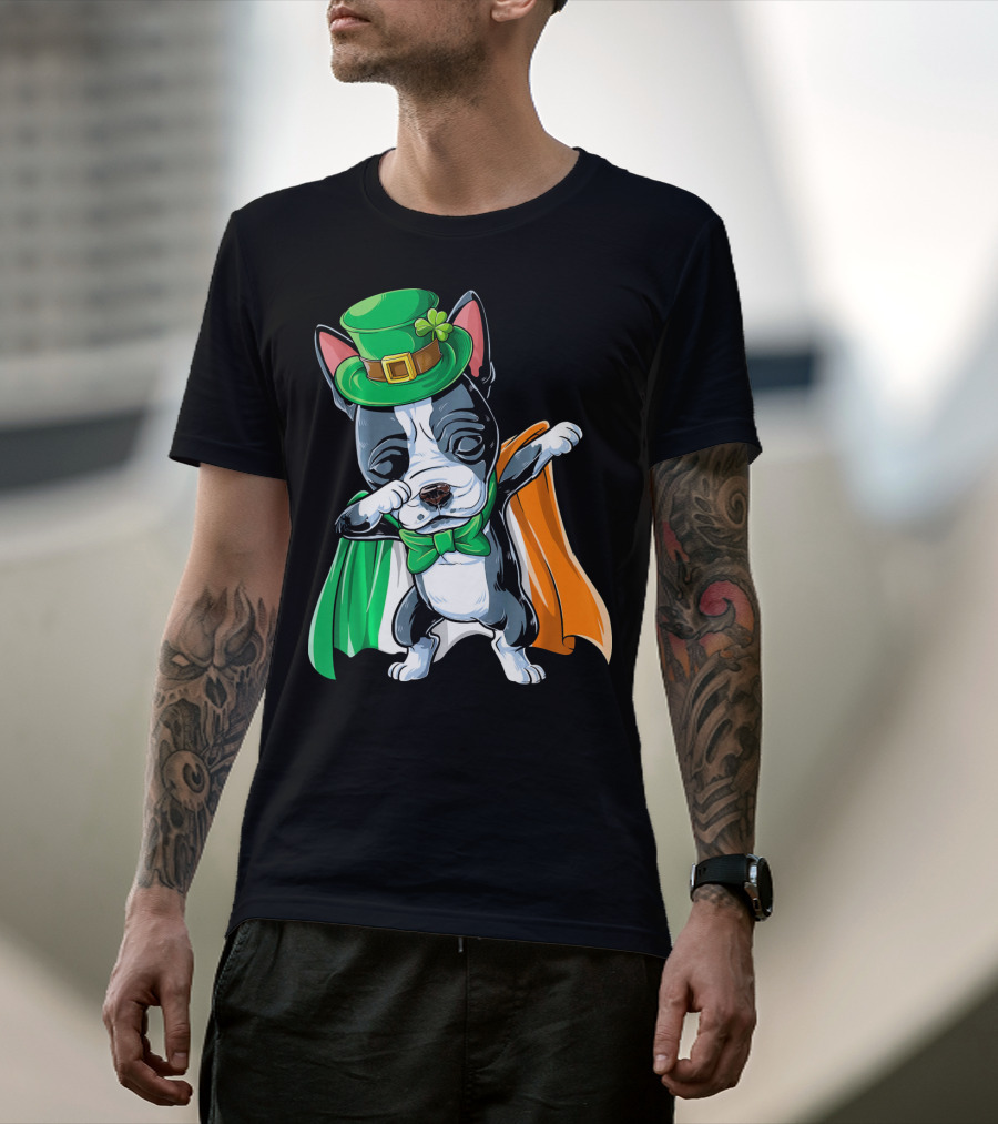 Dabbing Boston Terrier St. Patrick's Day Irish Flag Cape T-Shirt