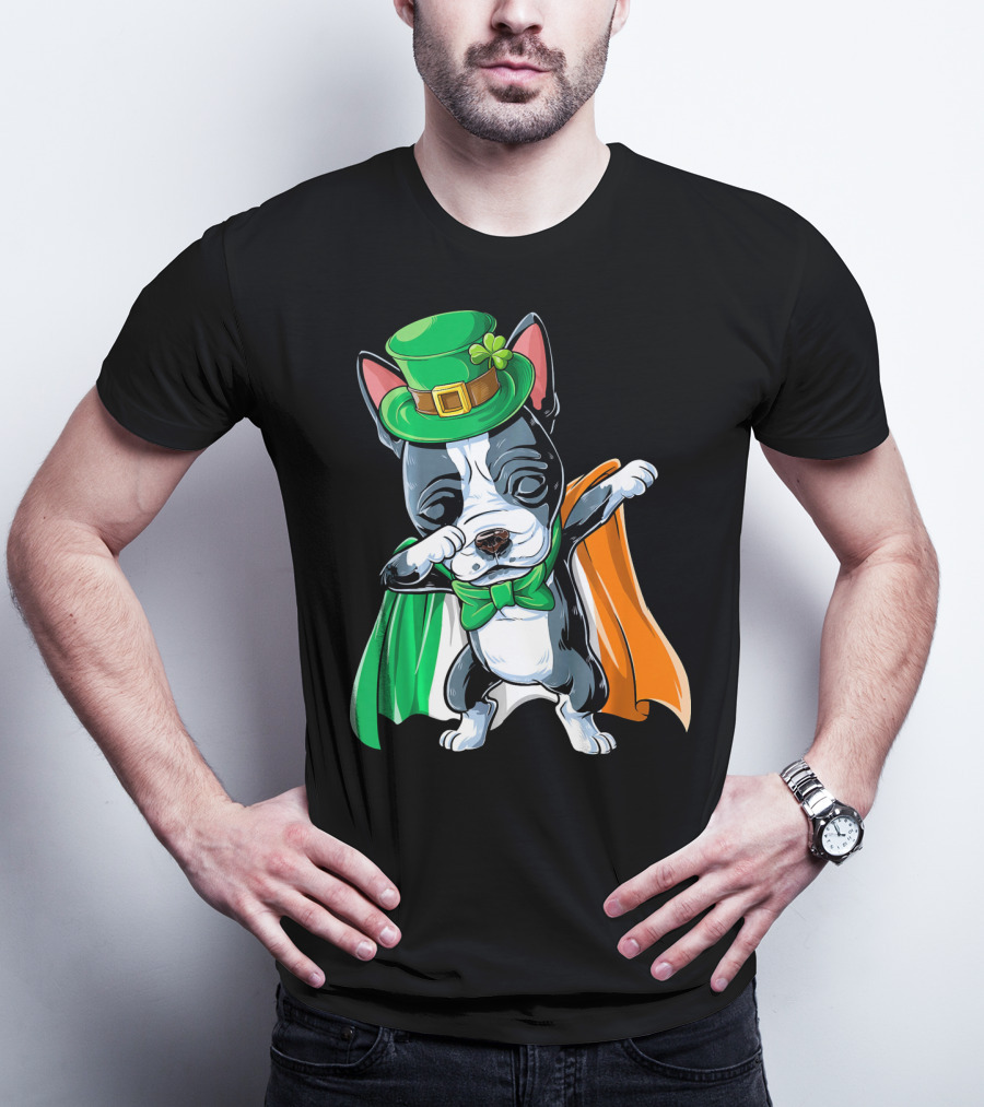 Dabbing Boston Terrier St. Patrick's Day Irish Flag Cape T-Shirt