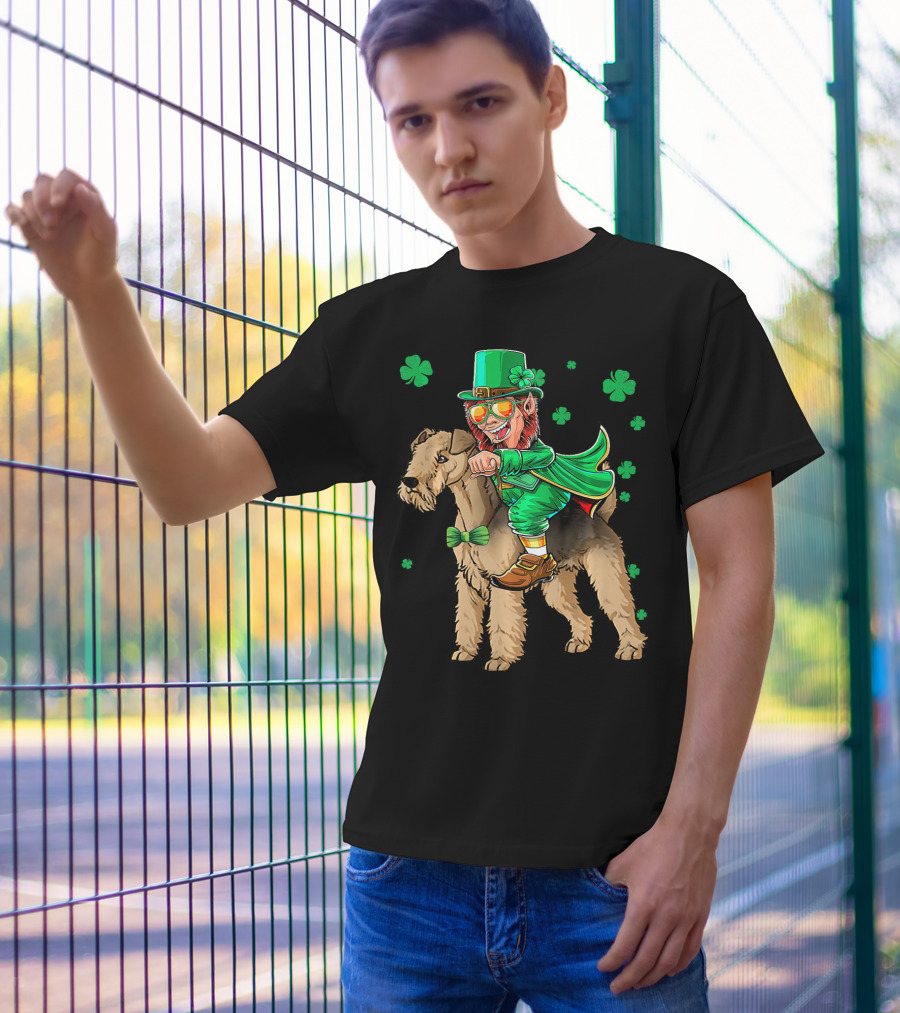 Leprechaun Lakeland Terrier Shamrock Celebration With Green Hat And Bow Tie T-Shirt