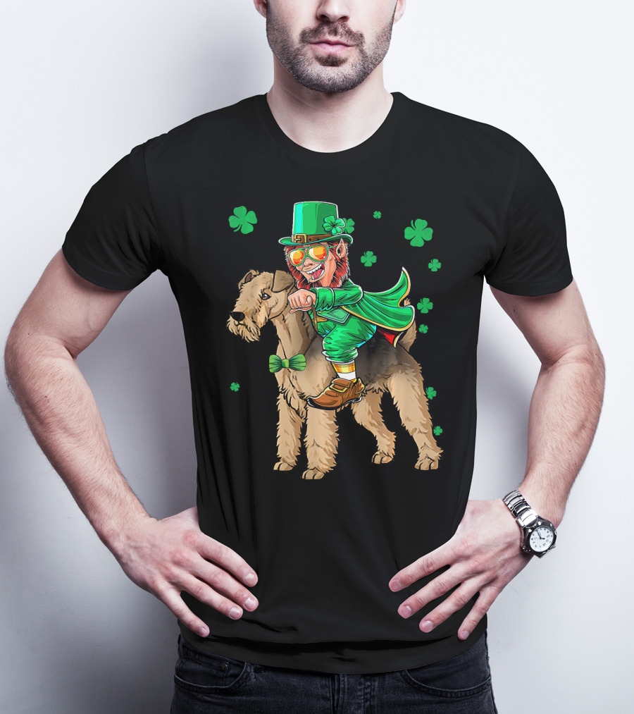 Leprechaun Lakeland Terrier Shamrock Celebration With Green Hat And Bow Tie T-Shirt