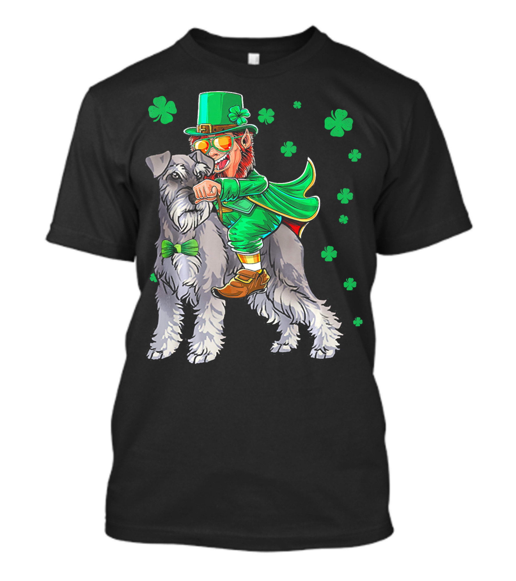 Leprechaun Riding Miniature Schnauzer With Green Shamrocks T-Shirt