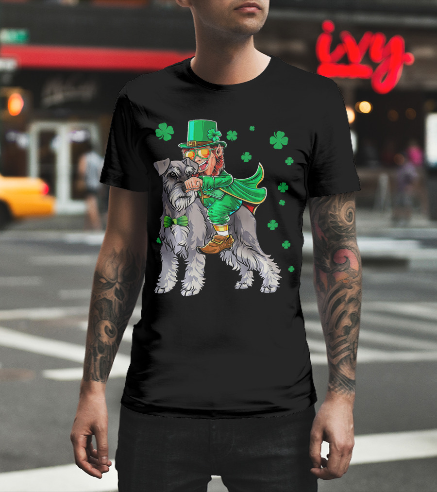 Leprechaun Riding Miniature Schnauzer With Green Shamrocks T-Shirt