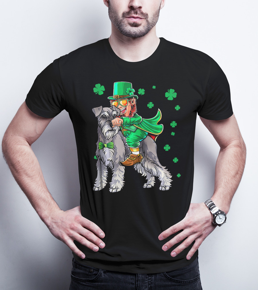 Leprechaun Riding Miniature Schnauzer With Green Shamrocks T-Shirt