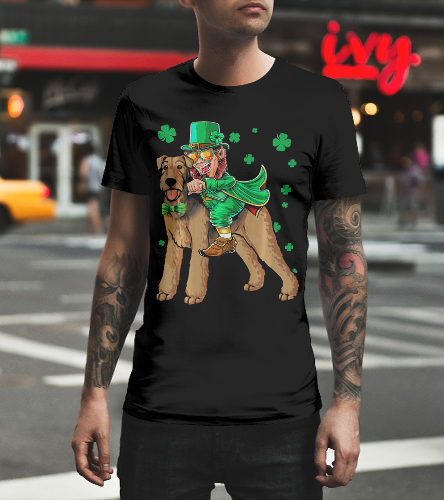 Leprechaun Riding Airedale Terrier With Shamrocks T-Shirt