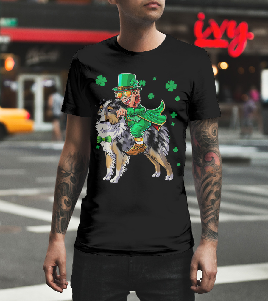 Leprechaun Riding Miniature Australian Shepherd With Shamrocks T-Shirt