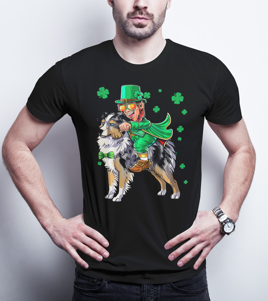 Leprechaun Riding Miniature Australian Shepherd With Shamrocks T-Shirt