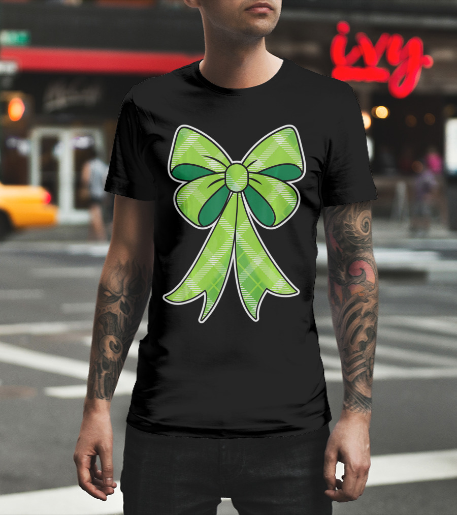 Girls St Patricks Day Green Plaid Bow T-Shirt