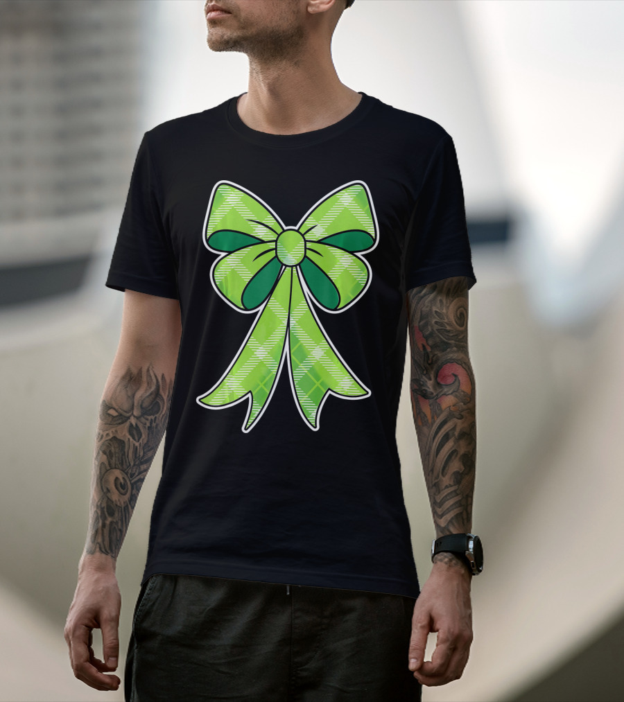 Girls St Patricks Day Green Plaid Bow T-Shirt