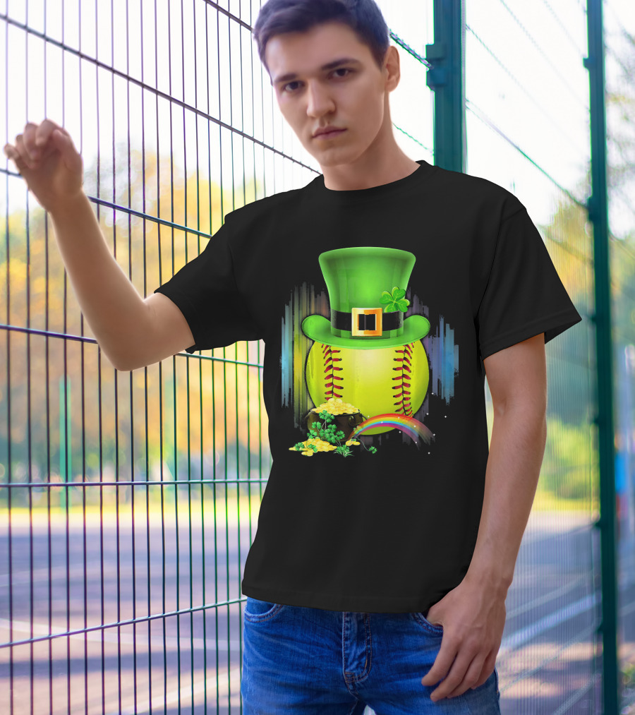 Leprechaun Softball St. Patrick's Day Coin Rainbow T-Shirt
