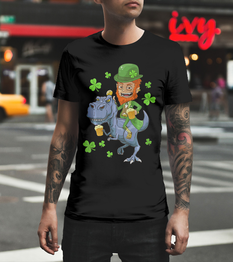 Leprechaun Irish Riding T-Rex Dinosaur With Shamrocks And Beer T-Shirt