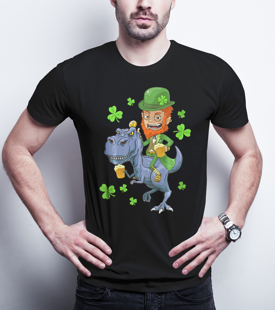 Leprechaun Irish Riding T-Rex Dinosaur With Shamrocks And Beer T-Shirt