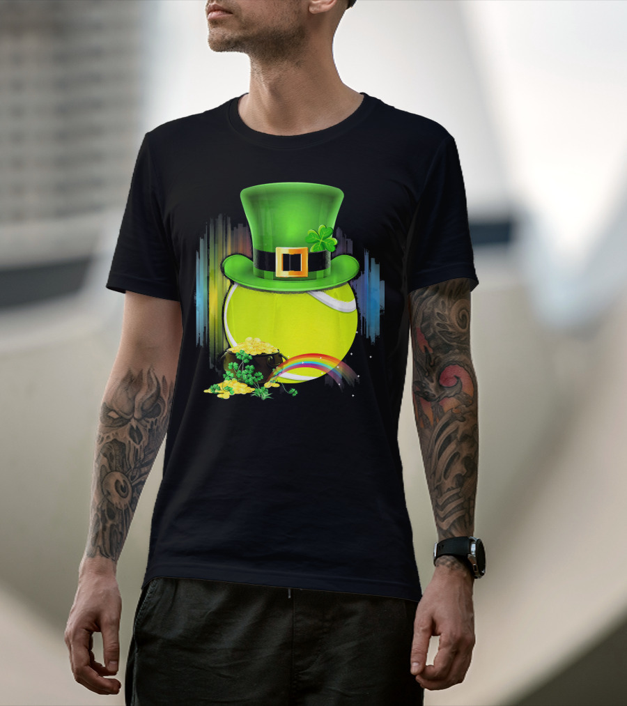 Leprechaun Hat Tennis Ball With Rainbow And Pot Of Gold For Saint Patricks T-Shirt