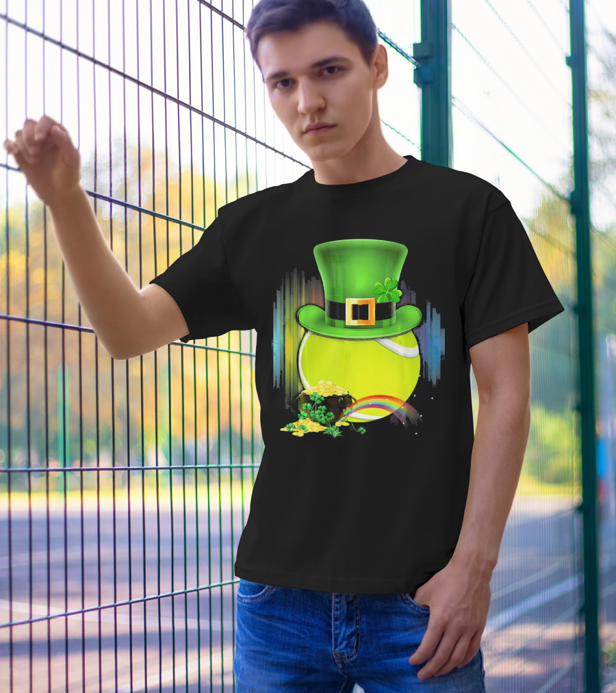 Leprechaun Hat Tennis Ball With Rainbow And Pot Of Gold For Saint Patricks T-Shirt