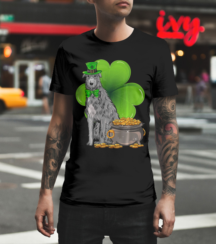 Scottish Deerhound St Patricks Day Leprechaun Hat Pot Of Gold Shamrock T-Shirt
