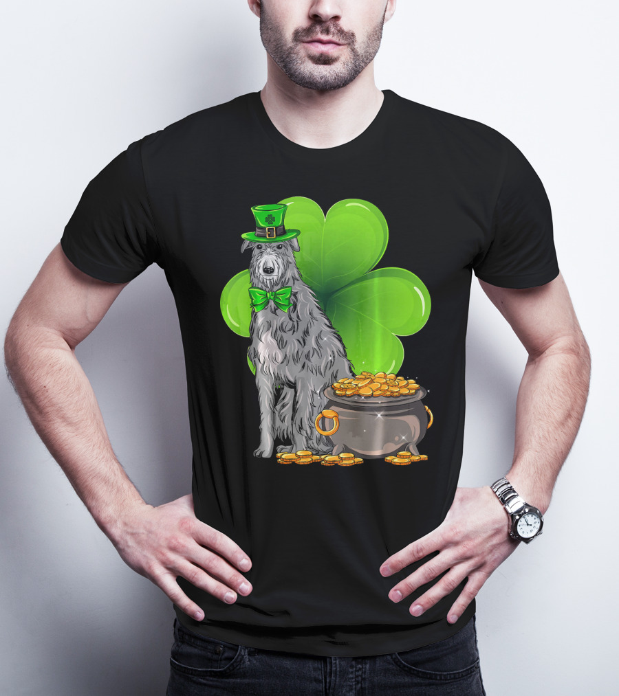 Scottish Deerhound St Patricks Day Leprechaun Hat Pot Of Gold Shamrock T-Shirt