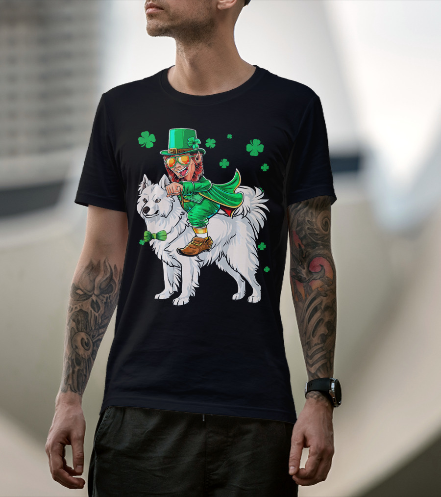 Leprechaun Riding Samoyed With Shamrocks St. Patrick's Day T-Shirt