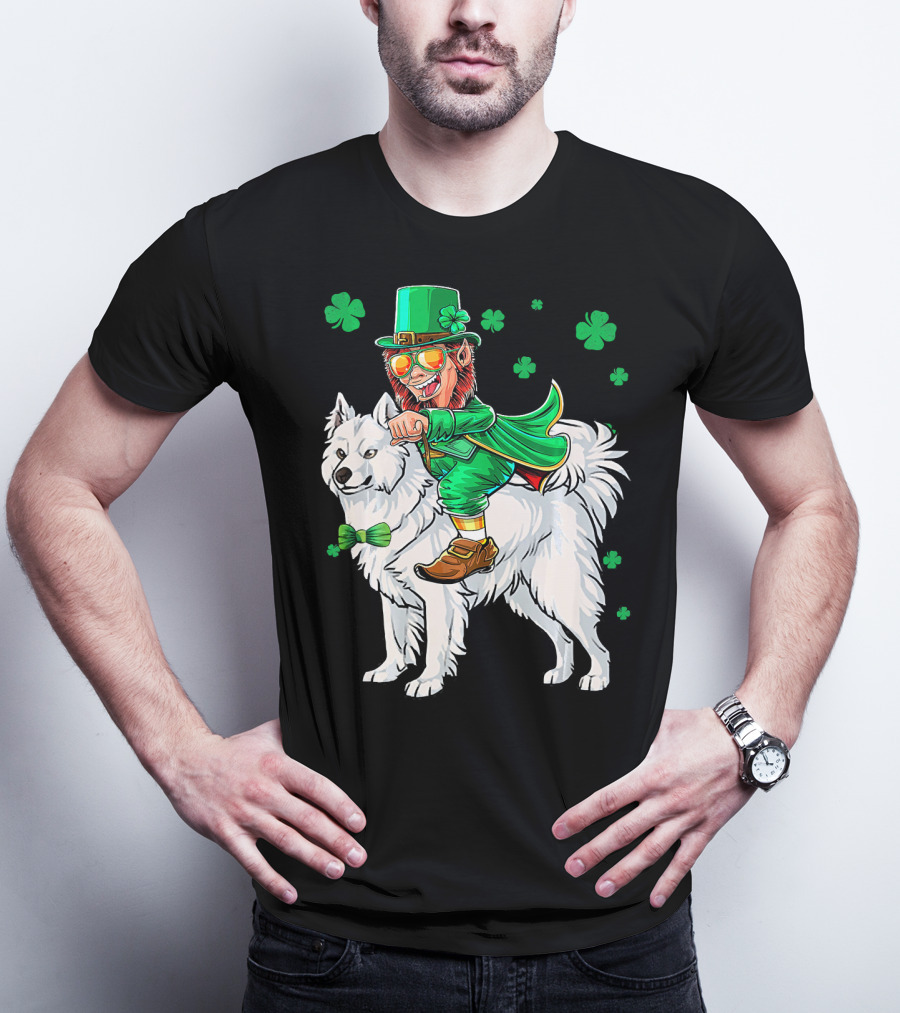 Leprechaun Riding Samoyed With Shamrocks St. Patrick's Day T-Shirt