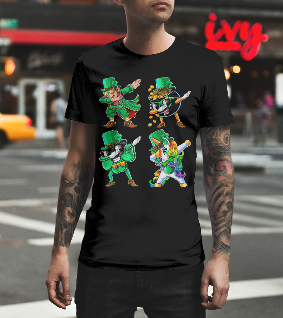 Dabbing Leprechaun Shamrock Unicorn Coin-Throwing Glasses Rabbit T-Shirt