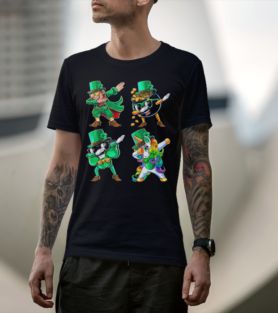 Dabbing Leprechaun Shamrock Unicorn Coin-Throwing Glasses Rabbit T-Shirt
