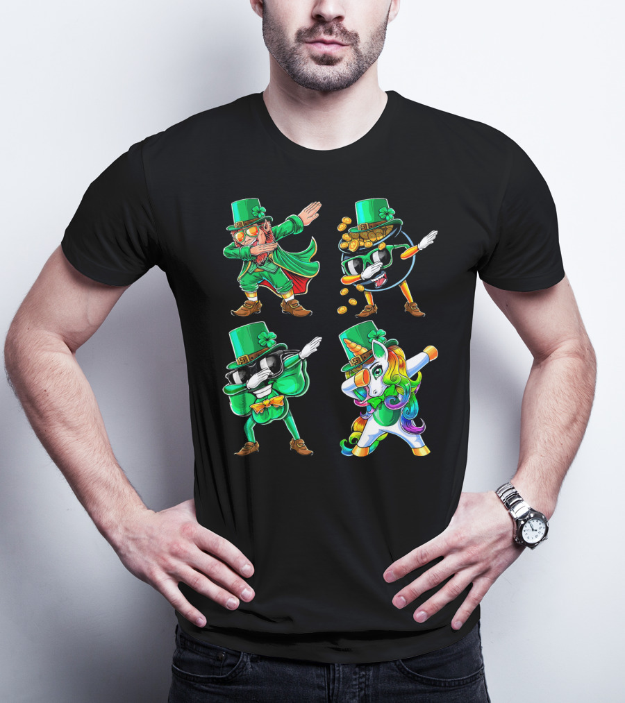 Dabbing Leprechaun Shamrock Unicorn Coin-Throwing Glasses Rabbit T-Shirt