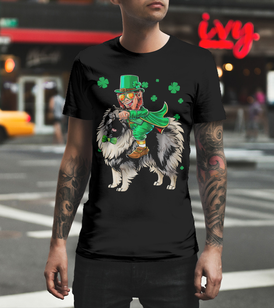 Leprechaun Riding Keeshond With Shamrocks For St. Patrick's Day T-Shirt