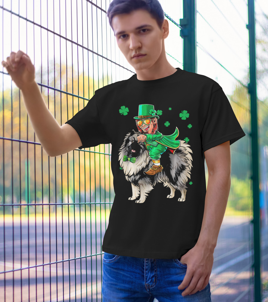 Leprechaun Riding Keeshond With Shamrocks For St. Patrick's Day T-Shirt