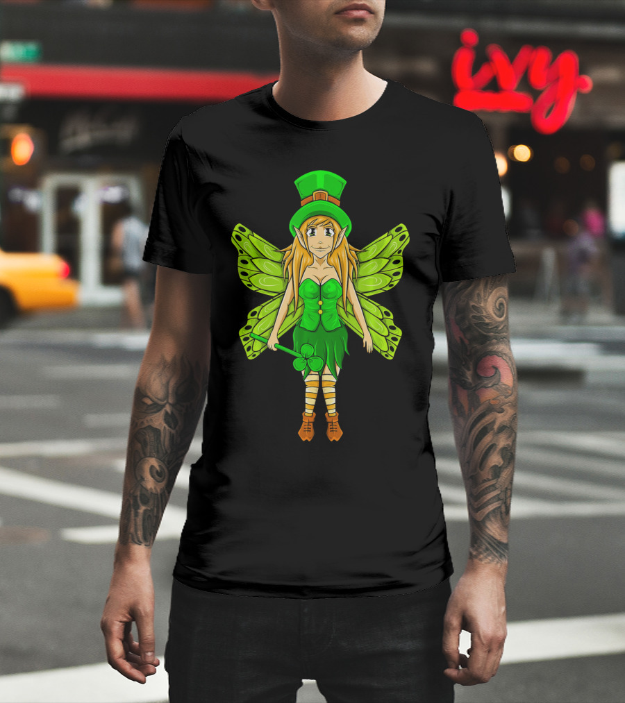Funny St Patricks Day Leprechaun Fairy Girl With Green Wings And Clover Staff T-Shirt