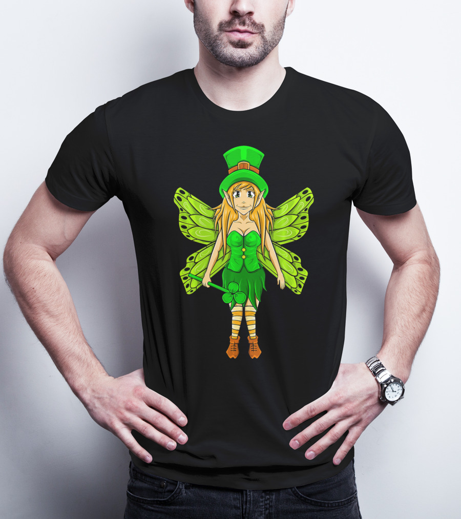 Funny St Patricks Day Leprechaun Fairy Girl With Green Wings And Clover Staff T-Shirt