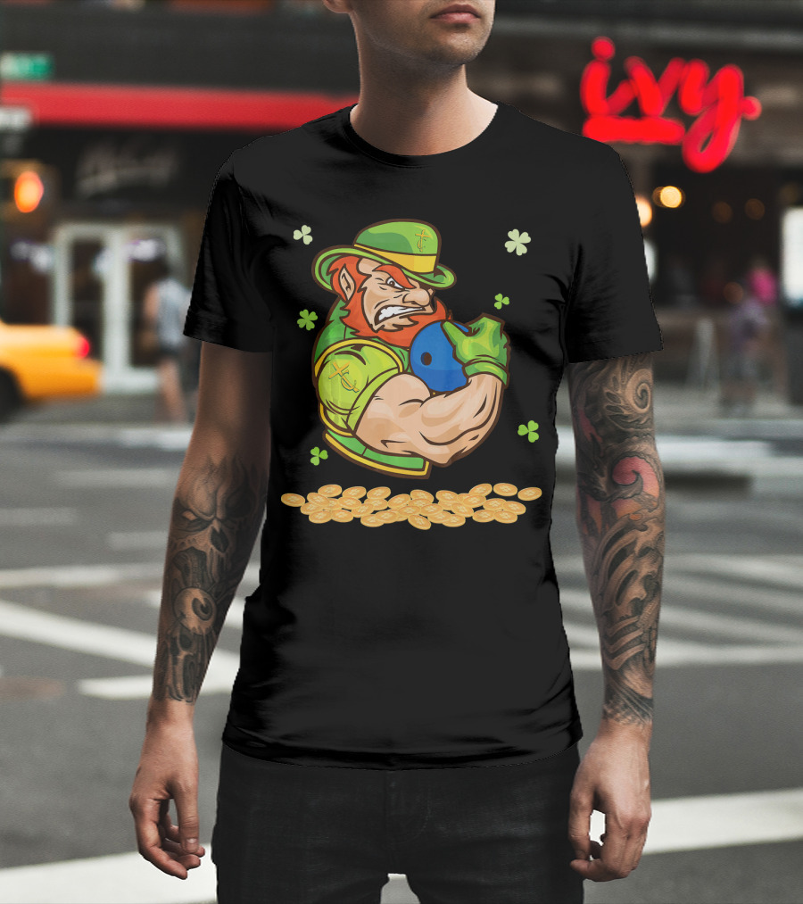 Leprechaun Playing Bowling Around Shamrock Coins And Clover T-Shirt