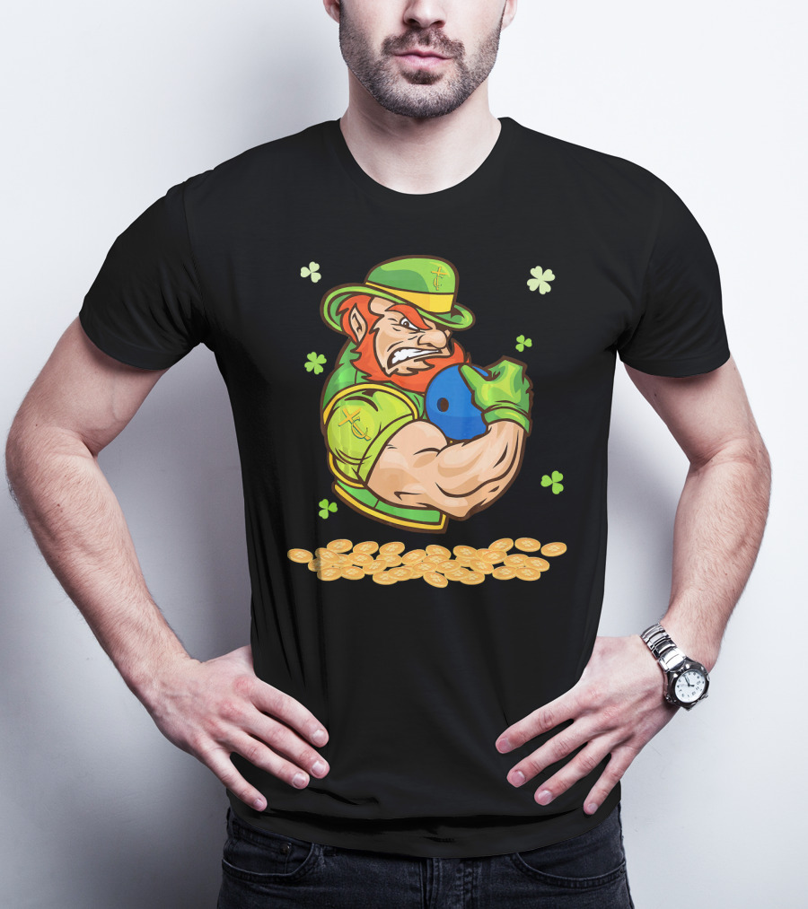 Leprechaun Playing Bowling Around Shamrock Coins And Clover T-Shirt