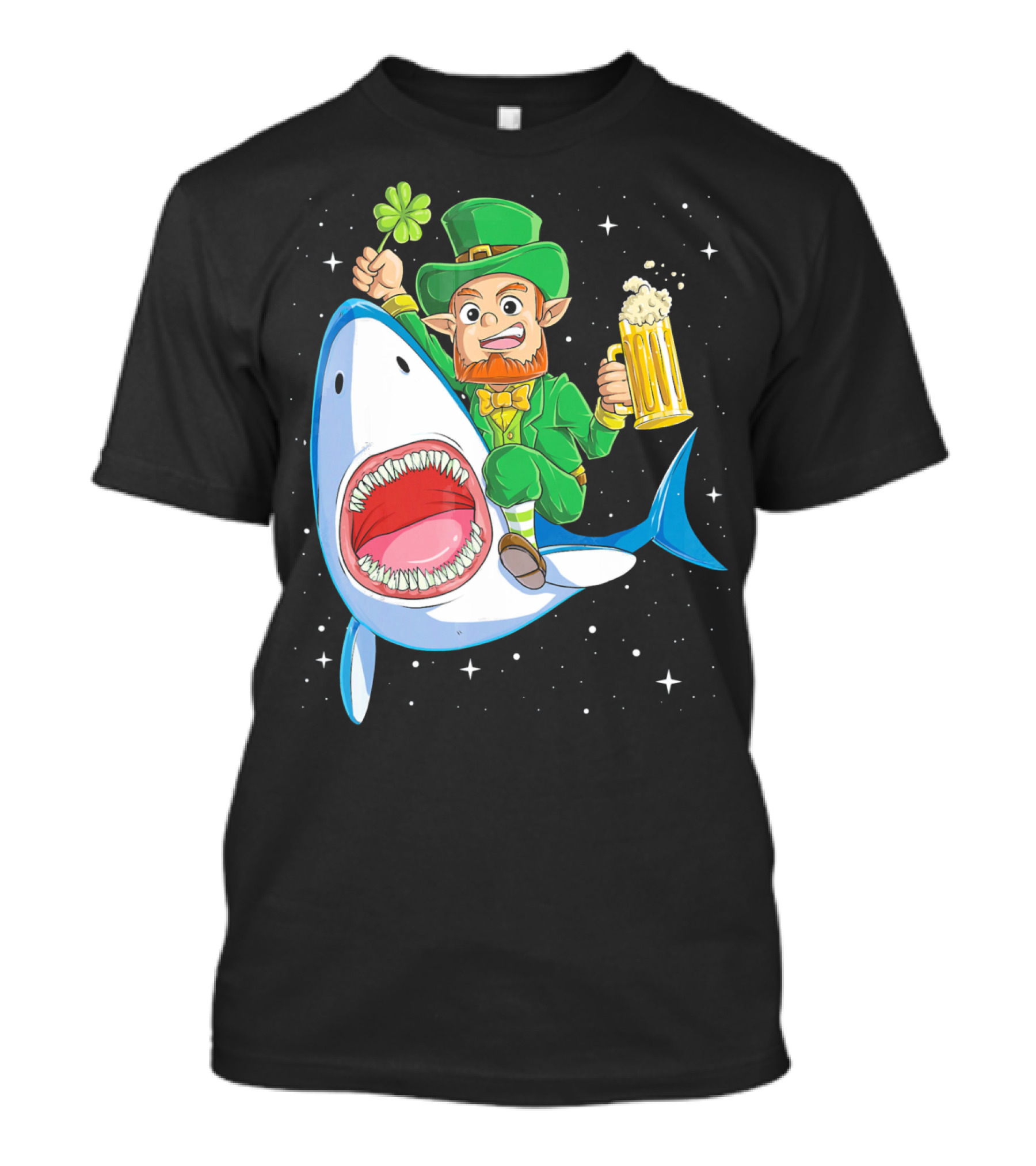 St Patricks Day Leprechaun Riding Shark With Beer Stein And Shamrock T-Shirt
