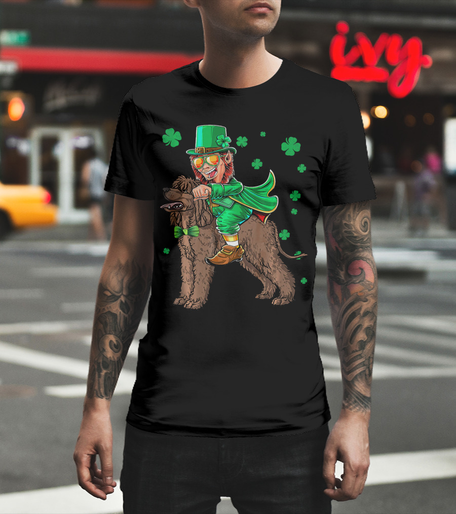 Leprechaun Riding Irish Water Spaniel With Shamrocks T-Shirt