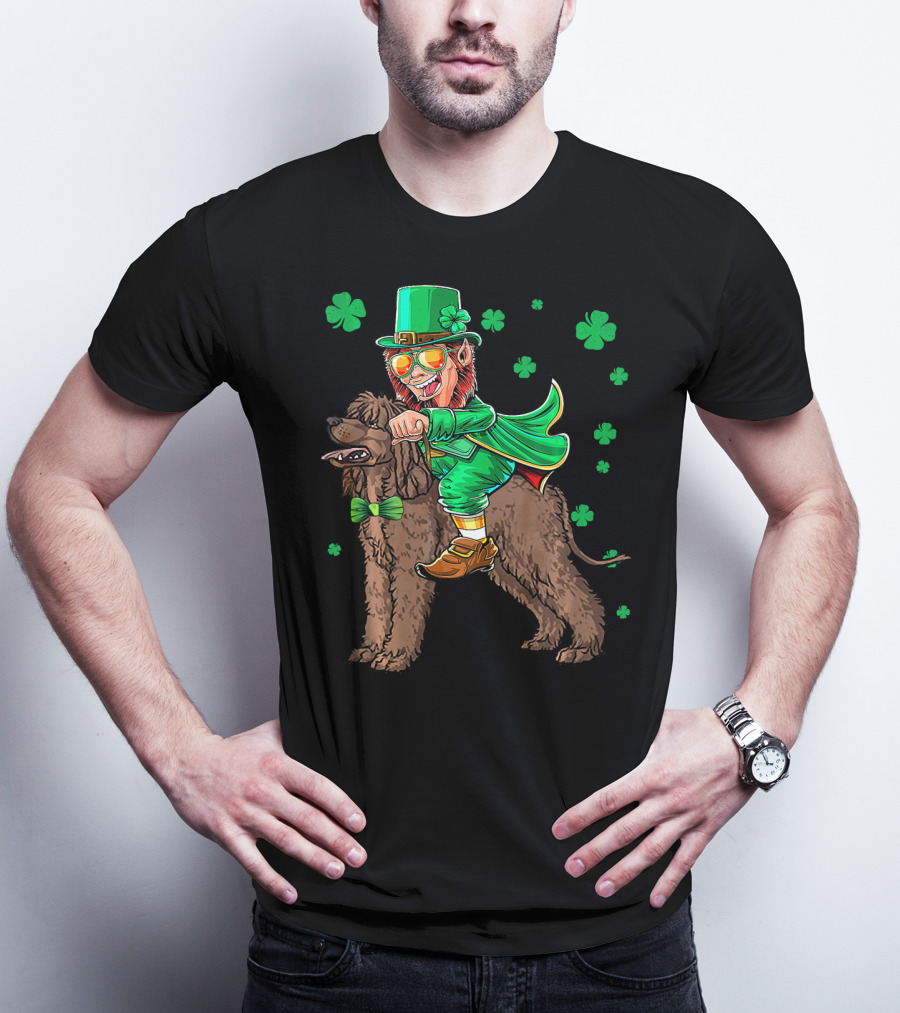 Leprechaun Riding Irish Water Spaniel With Shamrocks T-Shirt