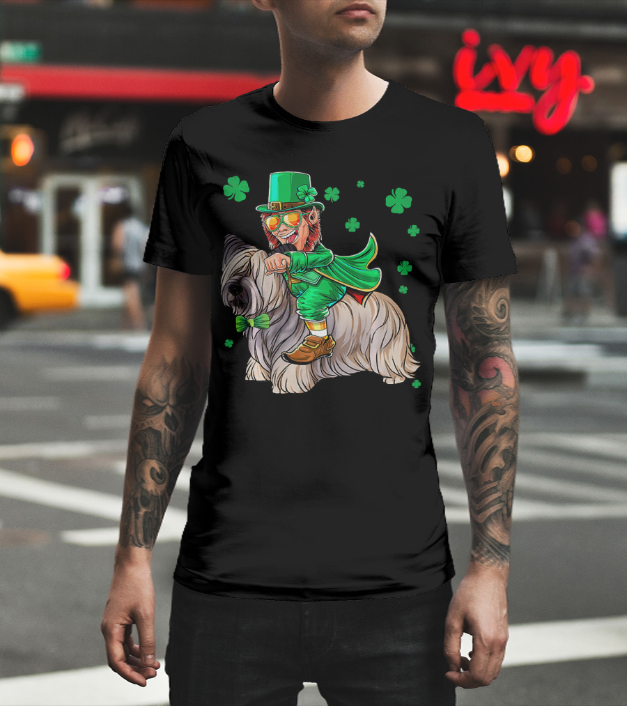 Leprechaun Riding Skye Terrier Shamrocks St. Patrick's Day T-Shirt