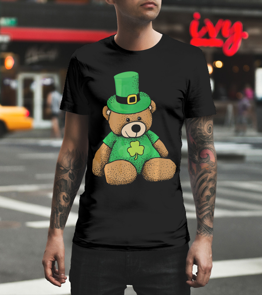 St. Patrick's Day Irish Teddy Bear With Leprechaun Hat And Clover T-Shirt