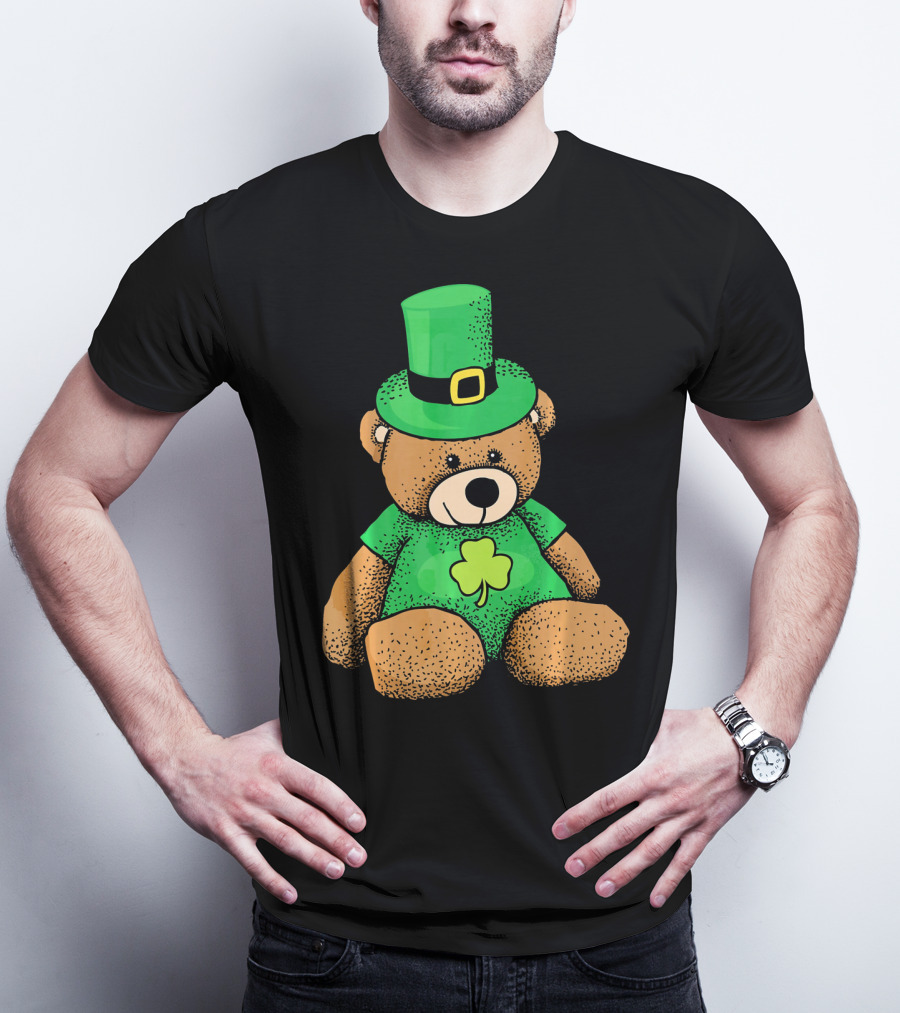 St. Patrick's Day Irish Teddy Bear With Leprechaun Hat And Clover T-Shirt