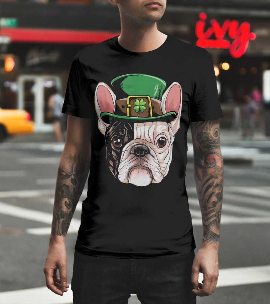 French Bulldog Leprechaun Hat St Pat Clover T-Shirt