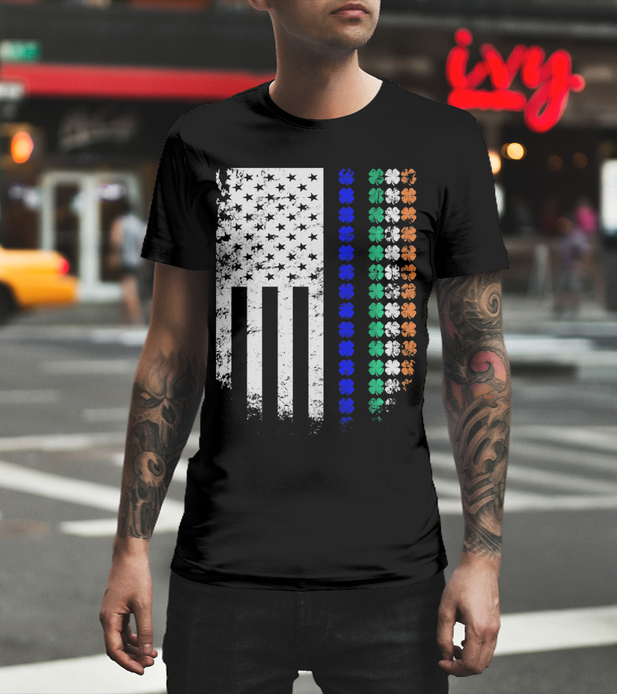 American Flag Irish Police Officer Shamrock Line T-Shirt