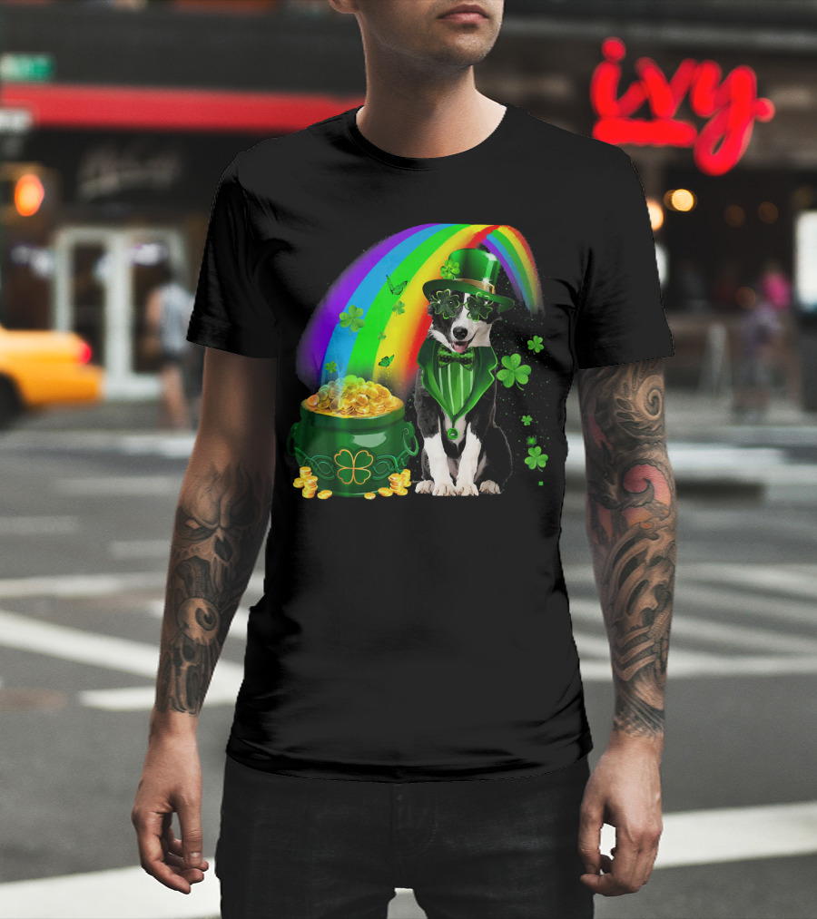 Border Collie Irish Leprechaun With Rainbow And Pot Of Gold Coins T-Shirt